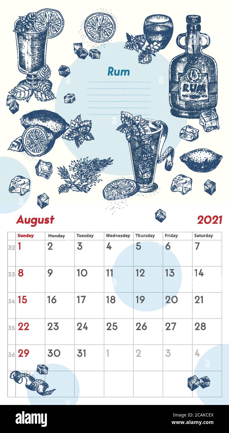 2021 Page of wall vintage calendar planner. August month. Week starts ...