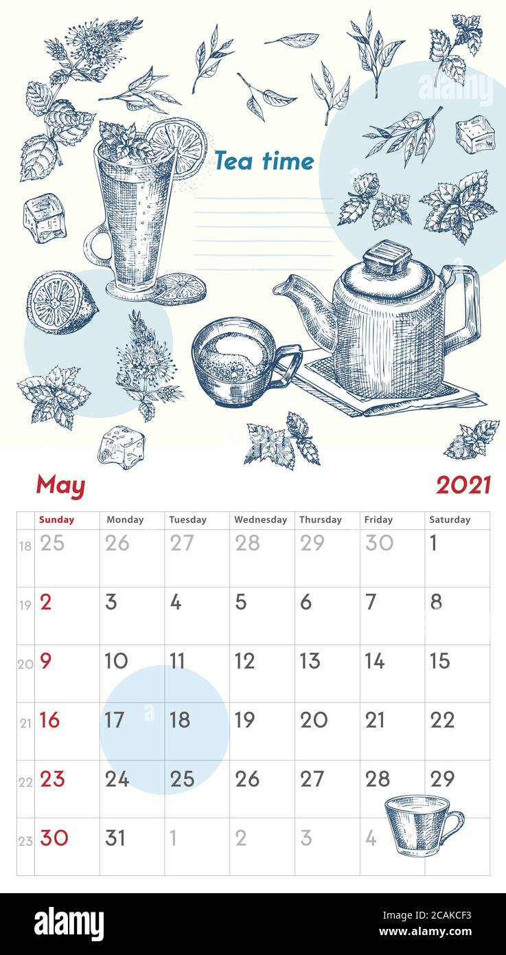 2021 Page of wall vintage calendar planner. May month. Week starts on ...