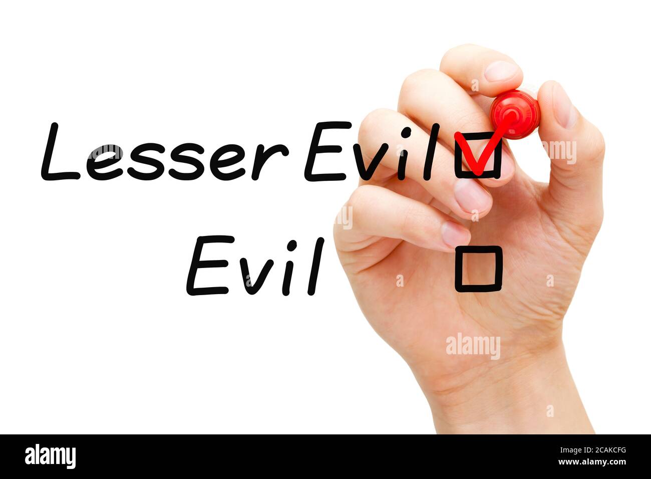 Choose the lesser of two evils idiom concept. Hand drawing red check ...