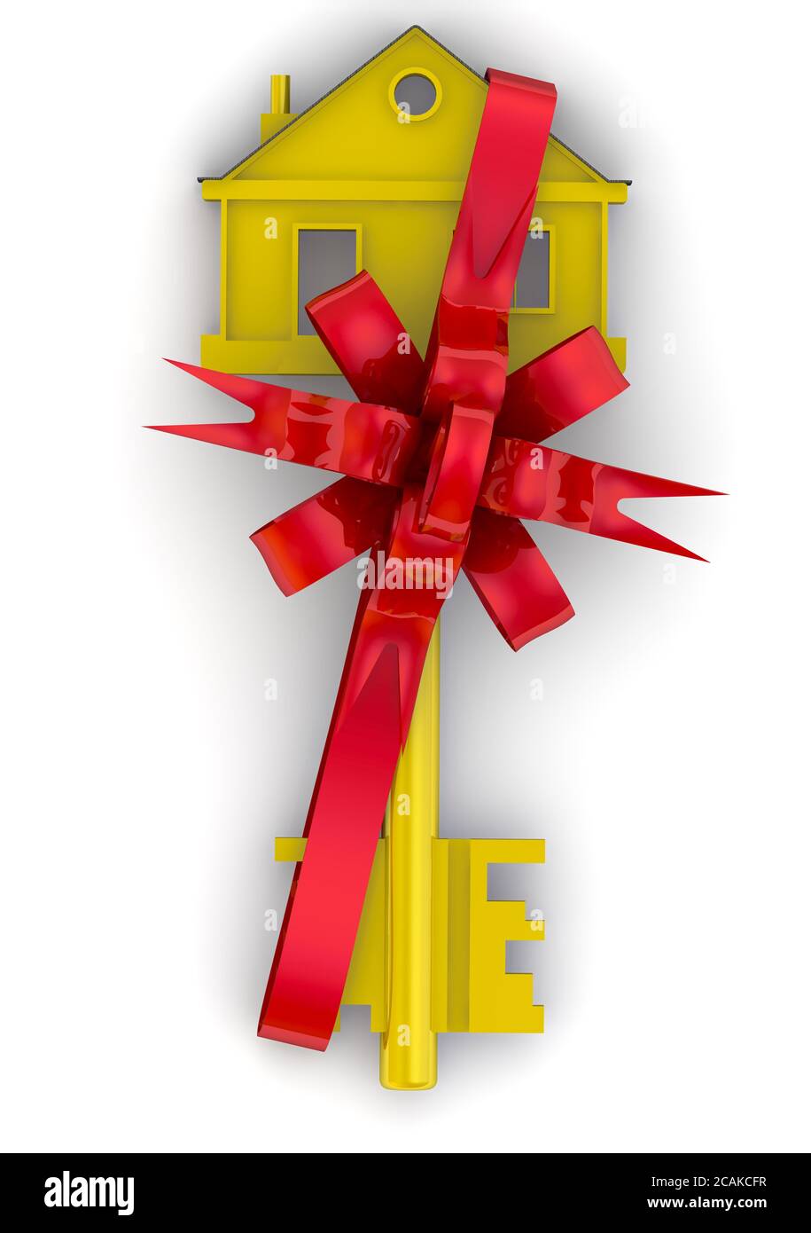 Real estate as a gift. Gold house key tied with a red ribbon with bow ...