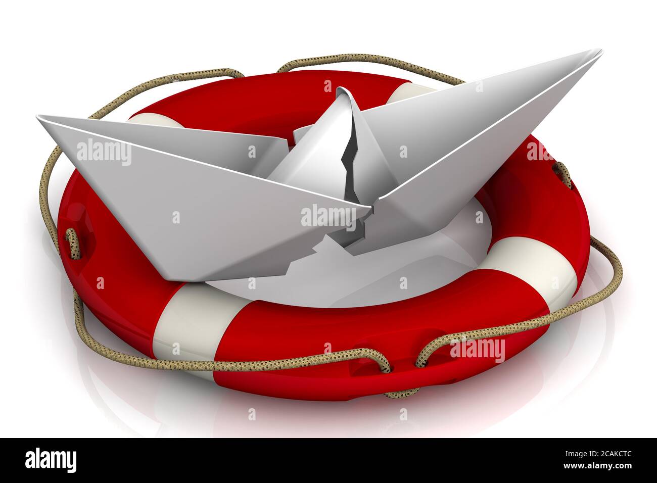 Torn paper boat in the lifebuoy on a white surface. 3D illustration ...