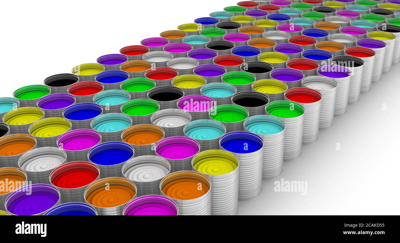 A lot of open cans with multi-colored paints. 3D Illustration Stock ...