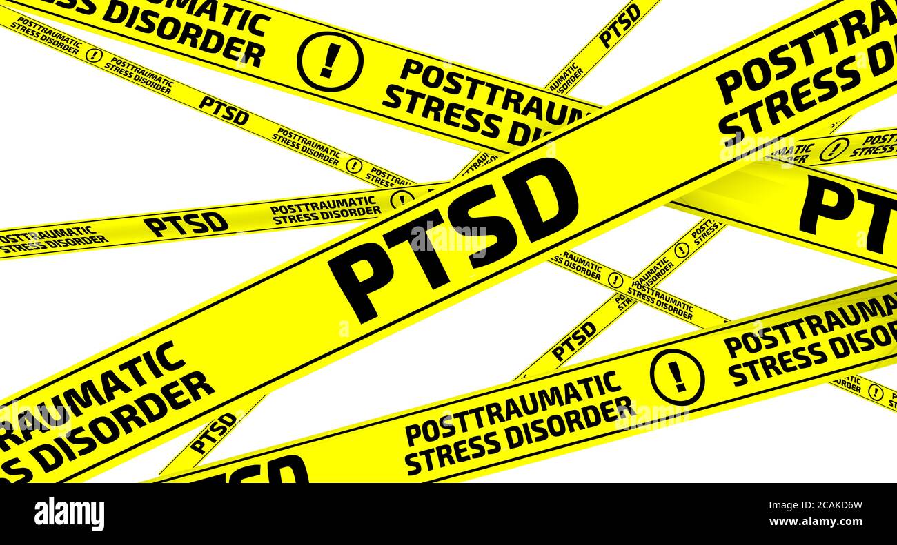 Posttraumatic stress disorder. Yellow warning tapes with inscription ...