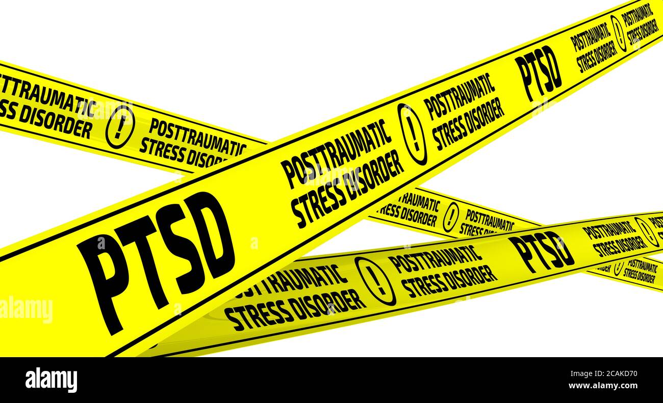 Posttraumatic stress disorder. Yellow warning tapes with inscription ...