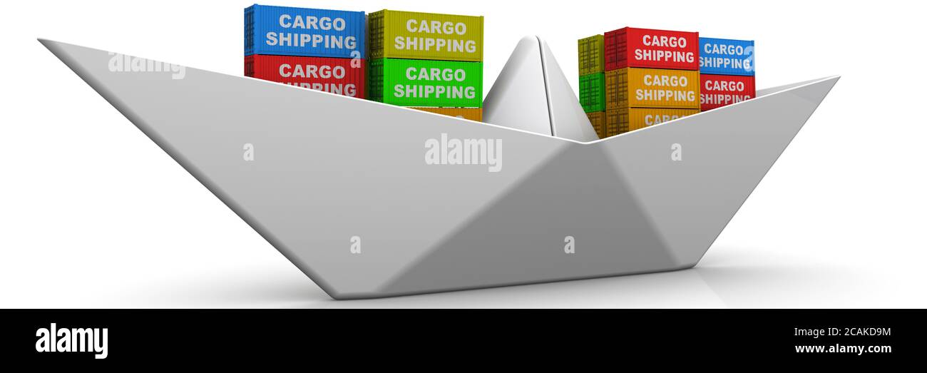 Paper boat with shipping containers on white surface. 3D illustration ...