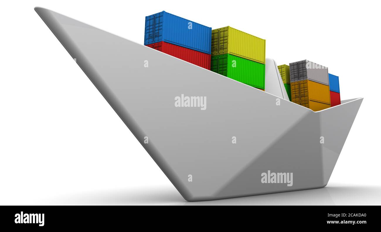 Paper boat with shipping containers on white surface. 3D illustration ...