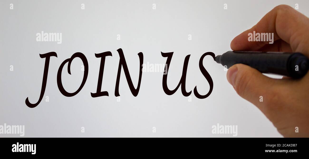 Hand writing 'join us', isolated on white background Stock Photo - Alamy