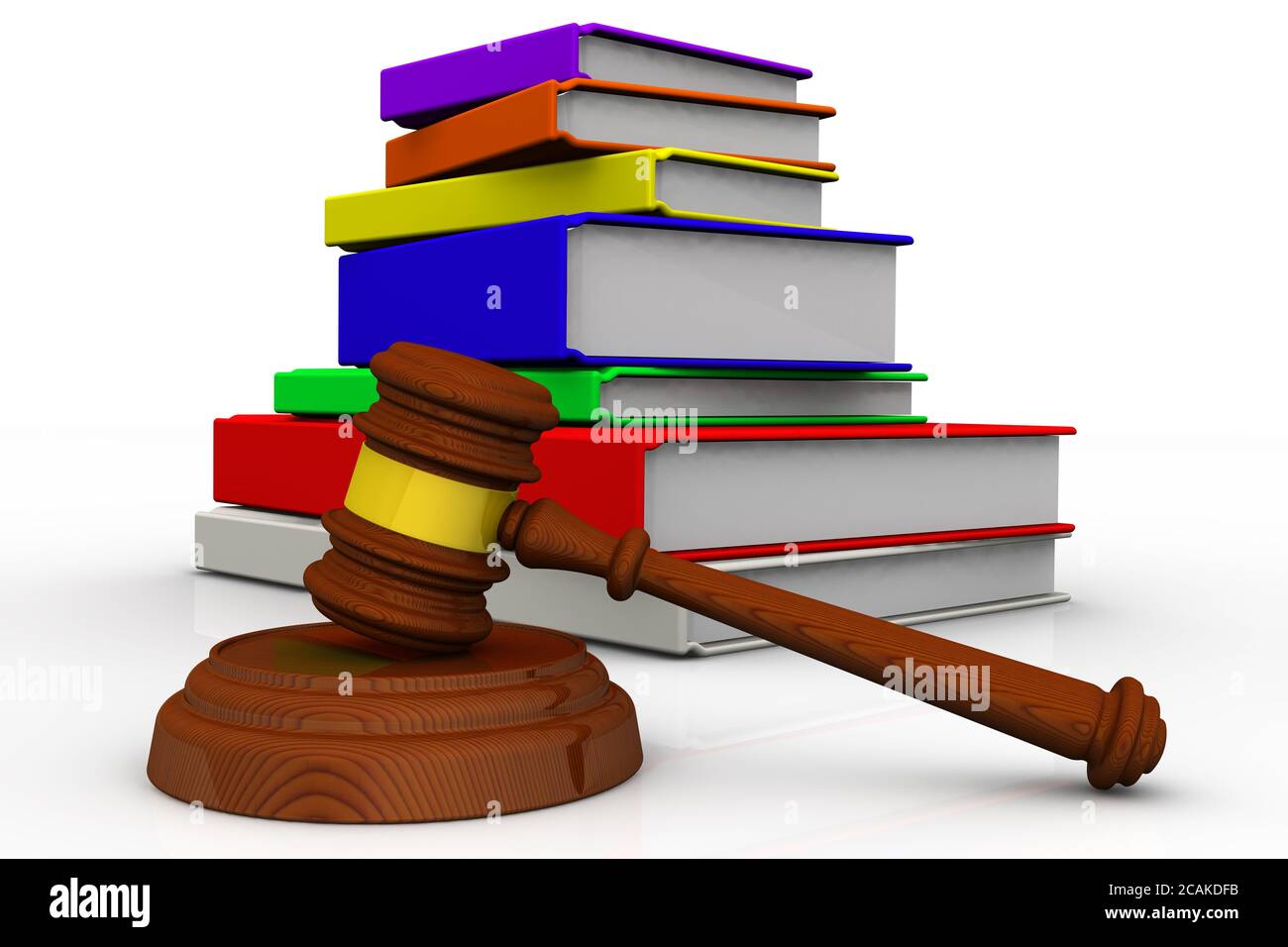 Judge's hammer and a pile of books on white surface. 3D Illustration ...