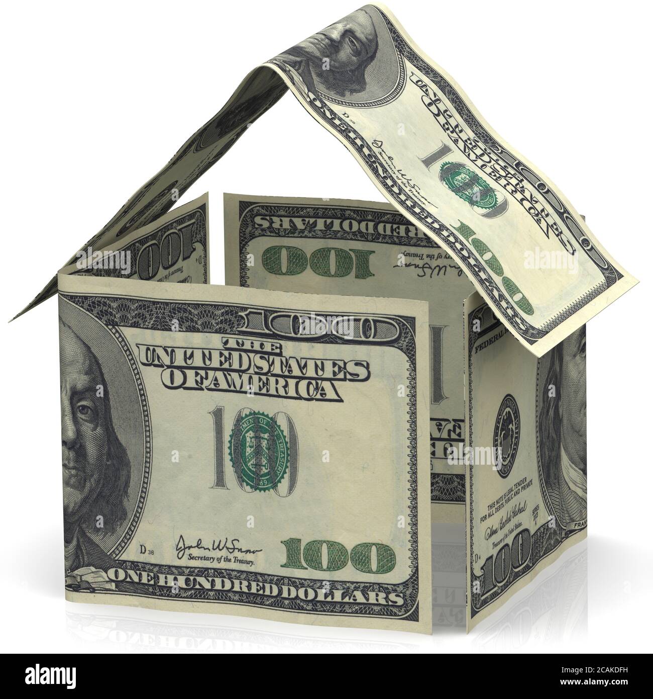 A house made of American dollar bills standing on white surface. 3D ...