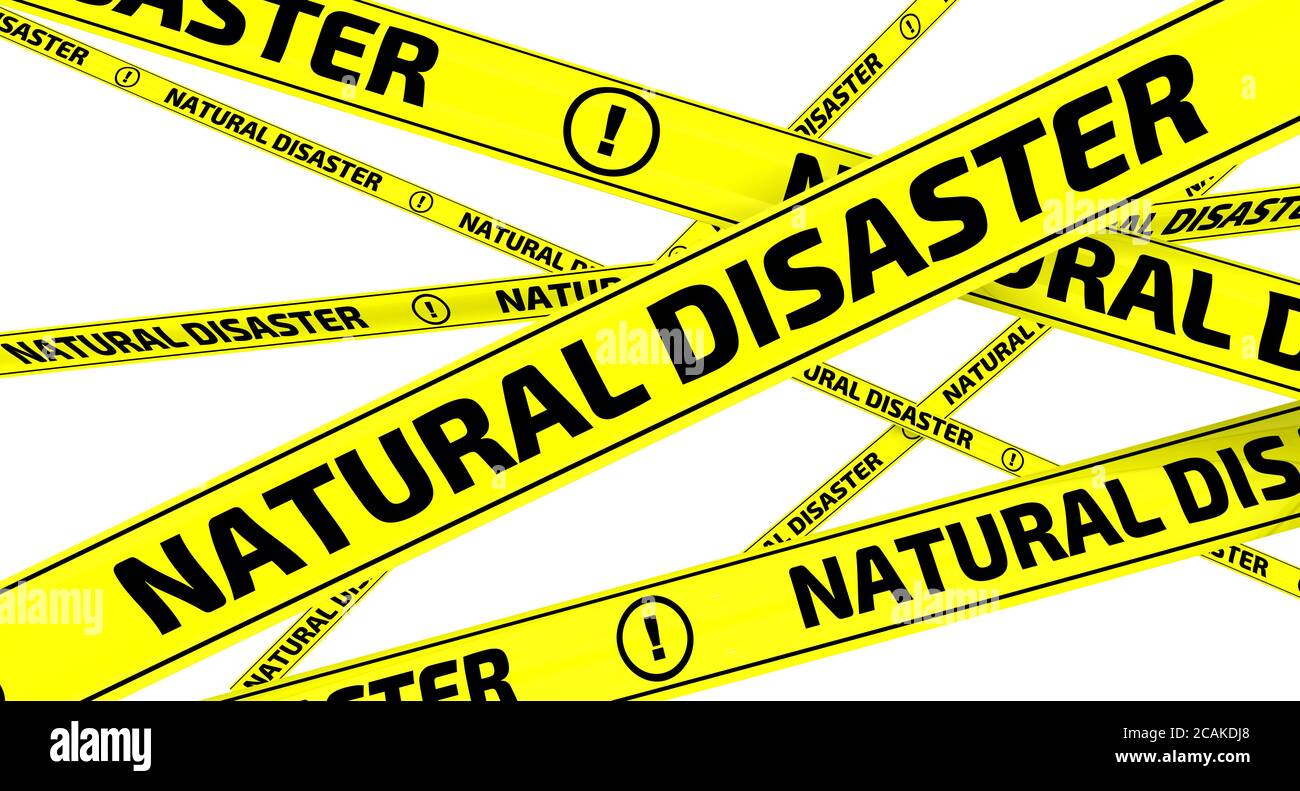 Natural disaster. Yellow warning tapes with inscription "NATURAL ...