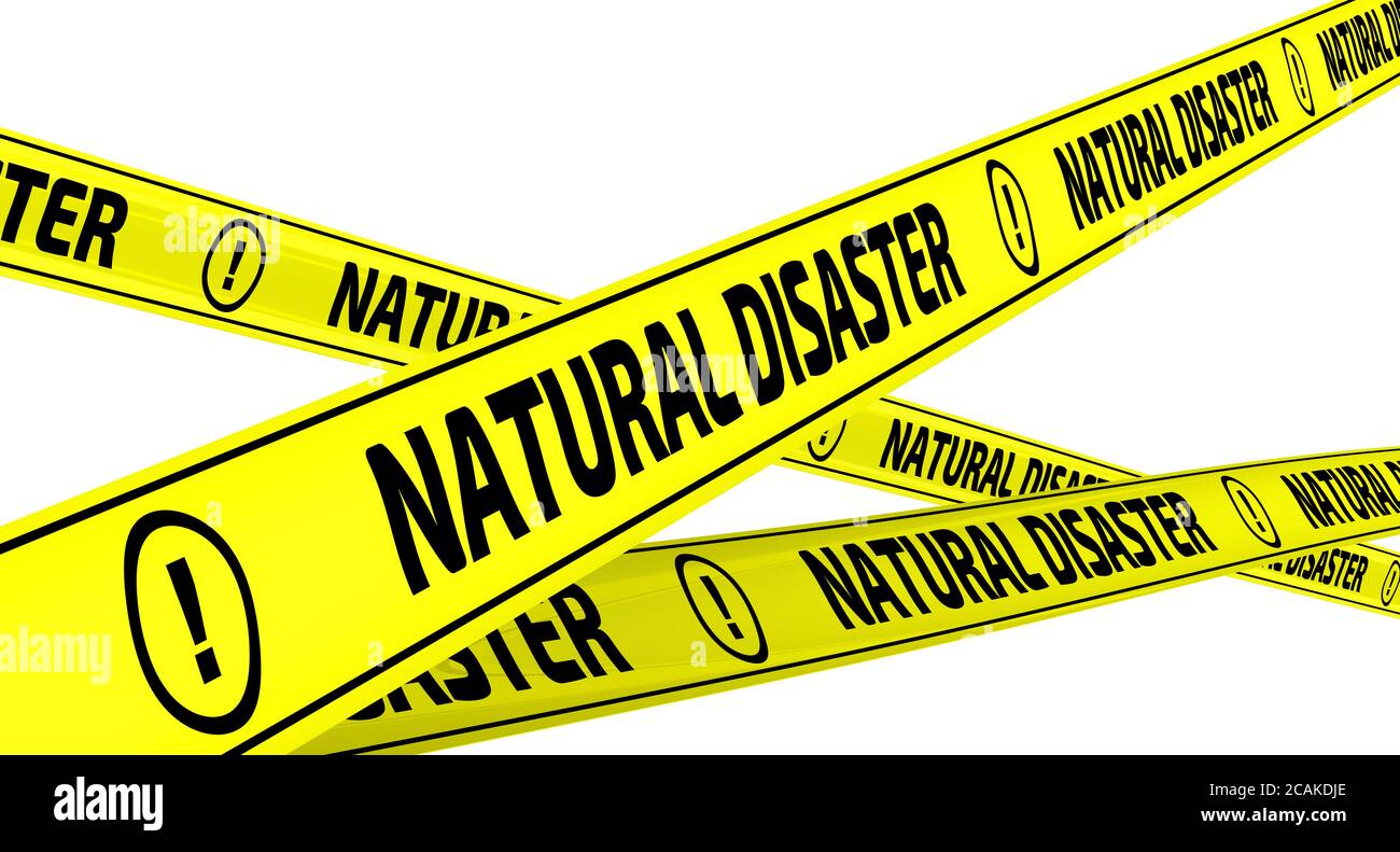 Natural disaster. Yellow warning tapes with inscription "NATURAL ...