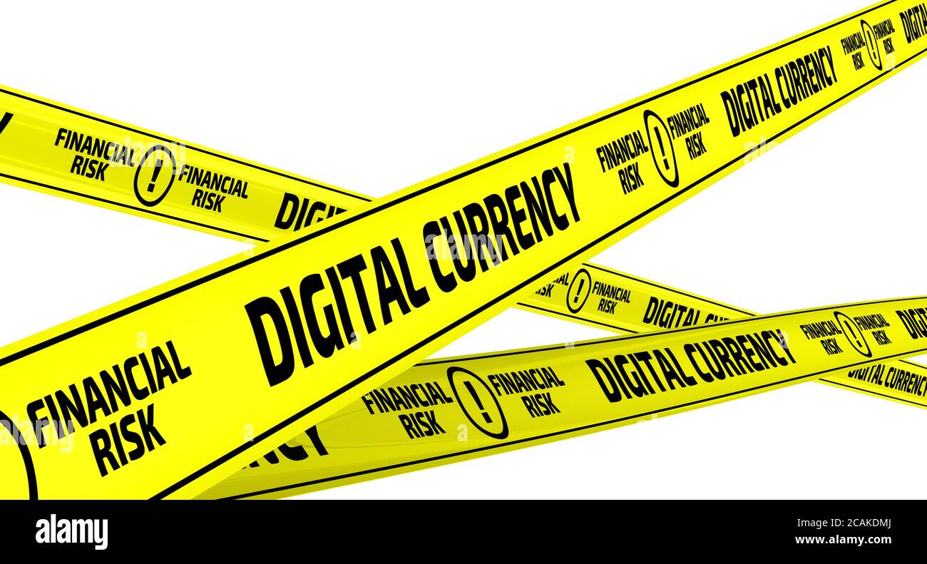 Digital currency. Yellow warning tapes with inscription DIGITAL ...