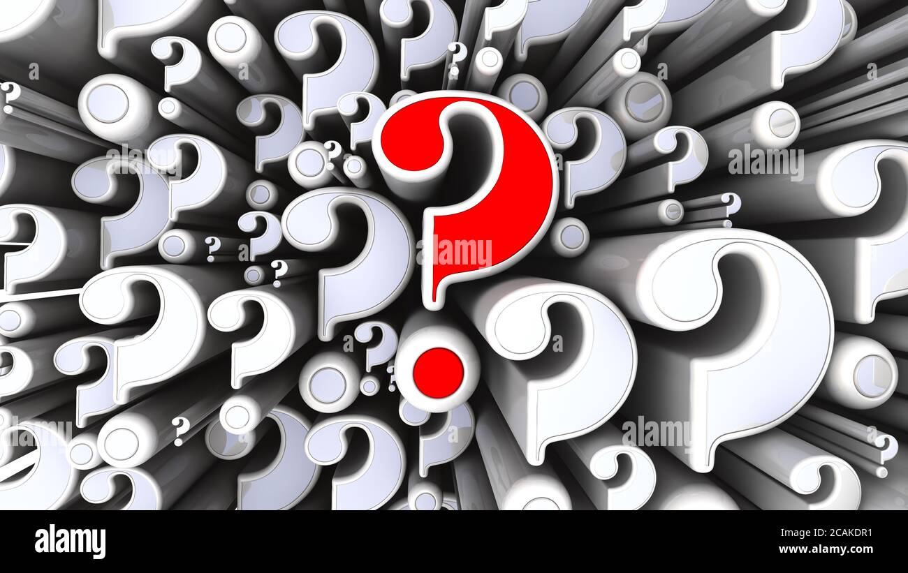 Some questions. A lot of different-sized question symbols and one red ...