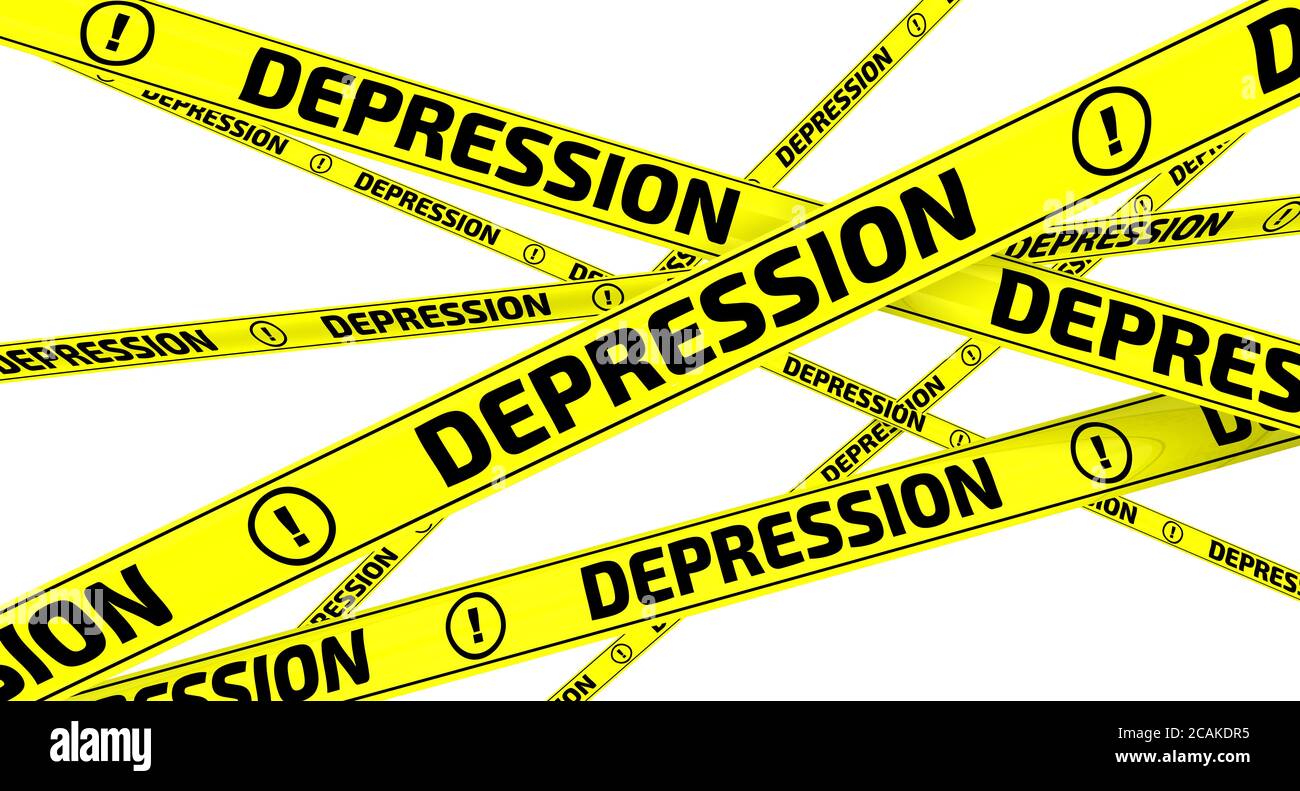 Depression. Yellow warning tapes with inscription DEPRESSION on the ...