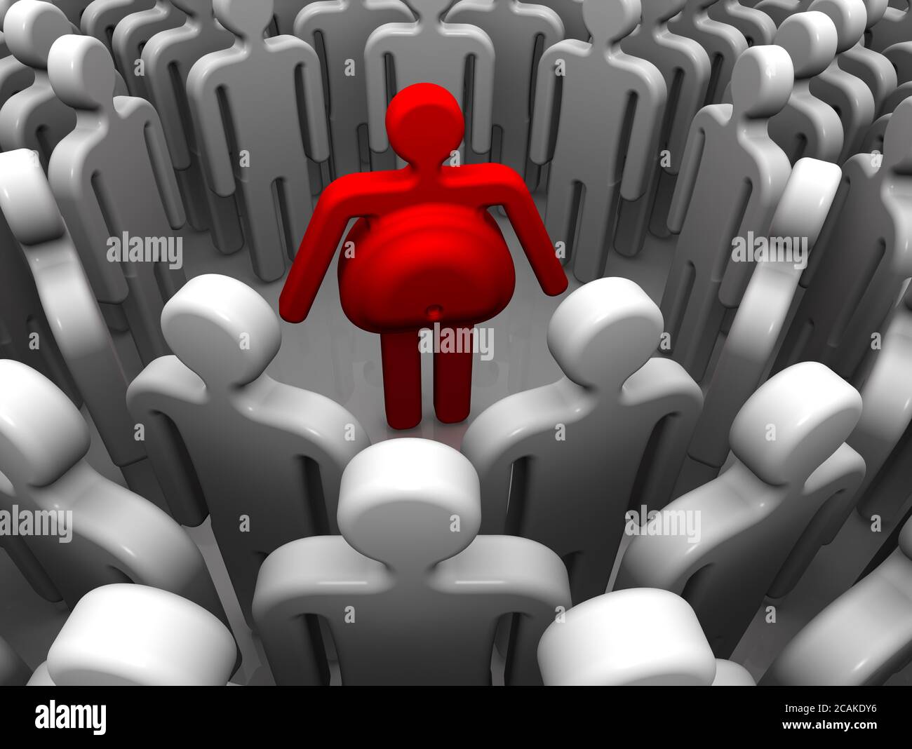 Obesity problem. Red symbol of a fat man surrounded by gray thin people ...