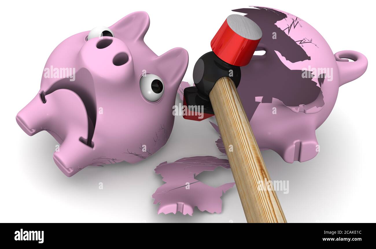 Hammer breaks an empty piggy bank. 3D illustration Stock Photo - Alamy