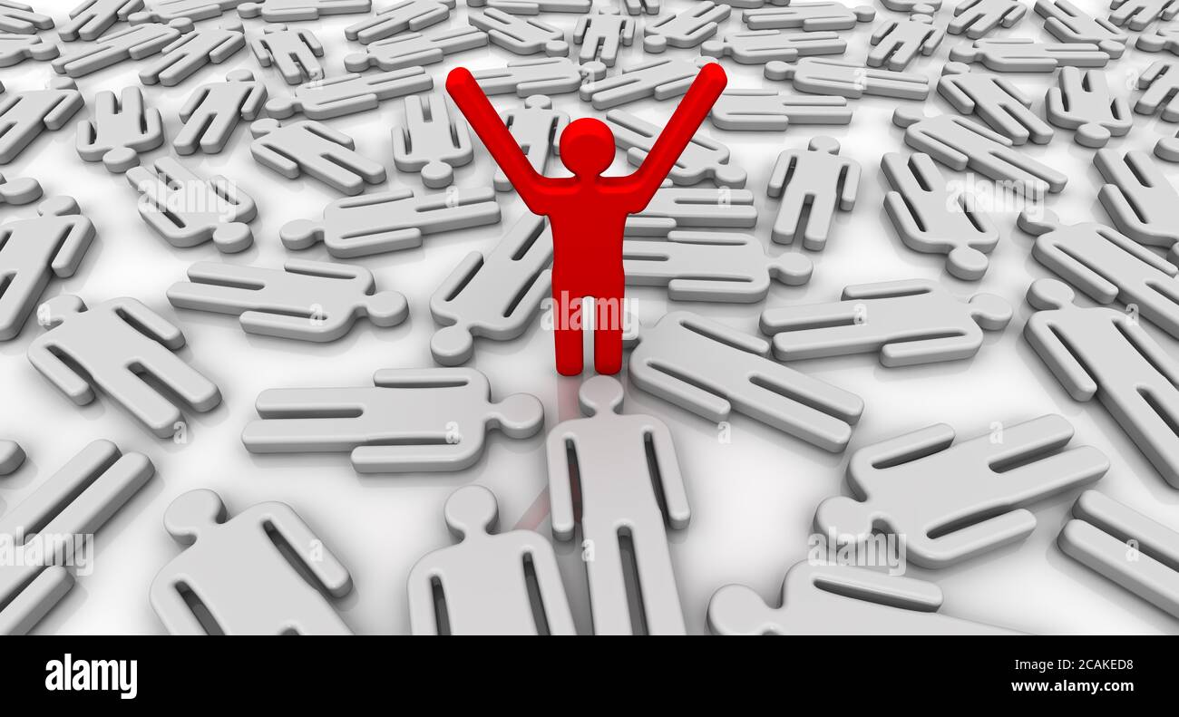 Winner. A red symbol of a man with raised arms on background of lying ...