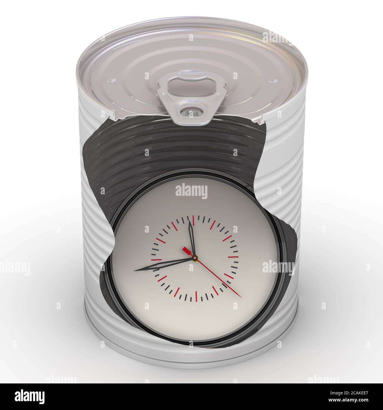 Watch in a tin. Mechanical clock inside a tin can on a white surface ...