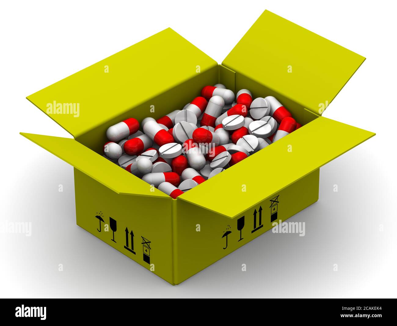 Box with medications. Yellow open box full of capsules and tablets. 3D ...