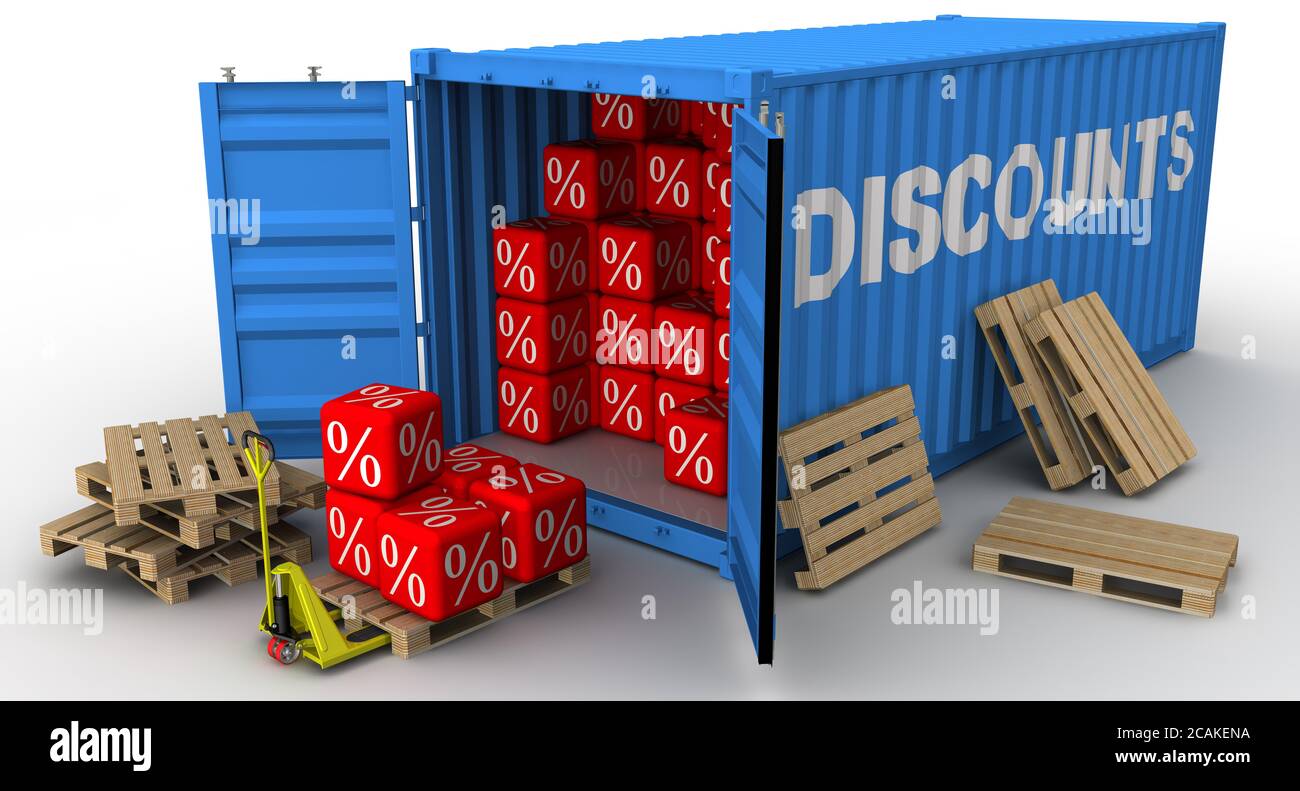 Discounts. Unloading cargo container filled with red cubes with the ...