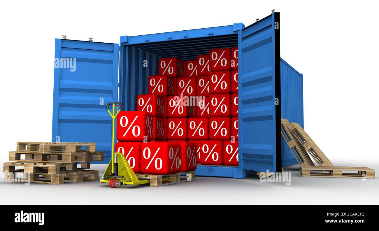 Discounts. Unloading cargo container filled with red cubes with the ...