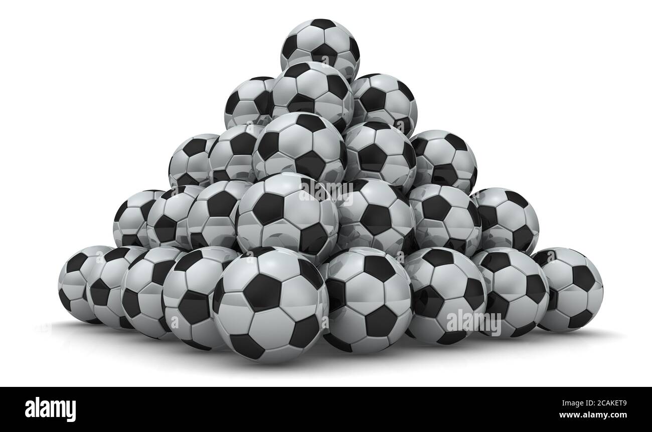 Soccer balls piled in form of pyramid. Soccer balls piled in form of ...