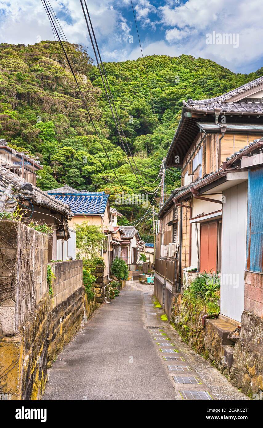 chiba, japan - july 18 2020: Narrow path between stone walls covered ...