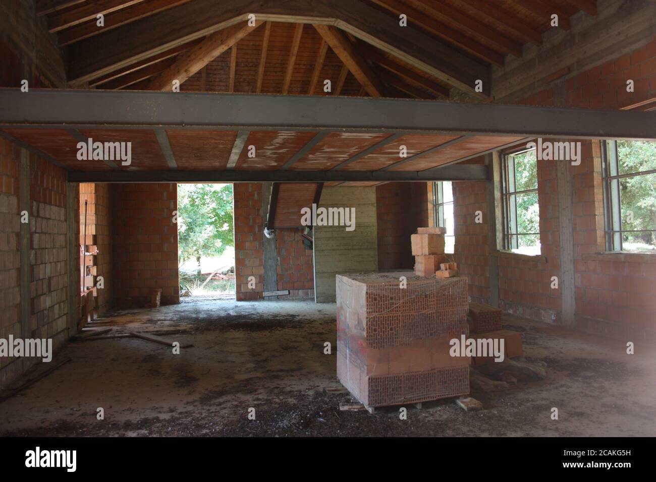ceiling of a domestic residential house under construction with red ...