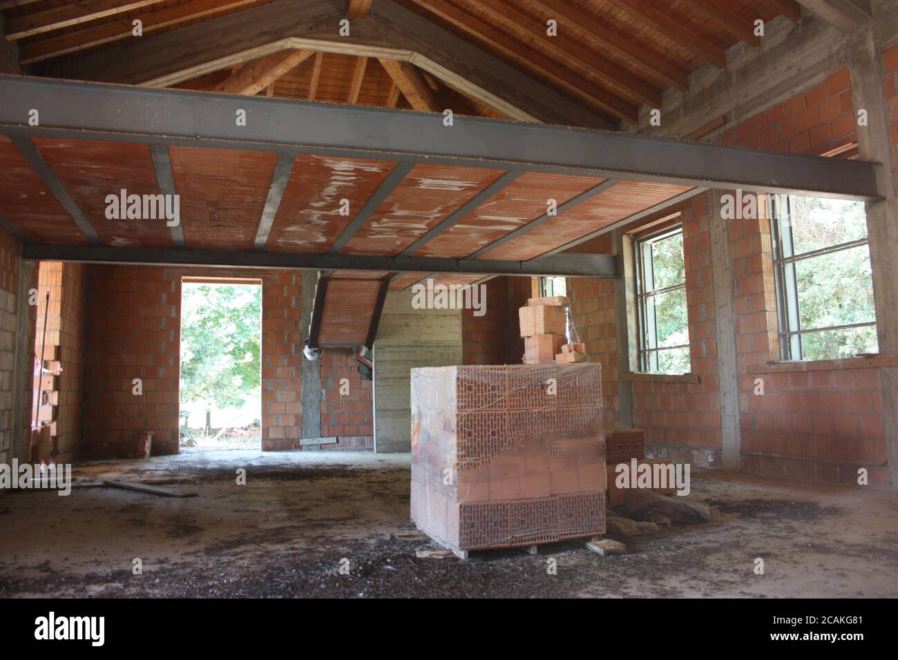 ceiling of a domestic residential house under construction with red ...