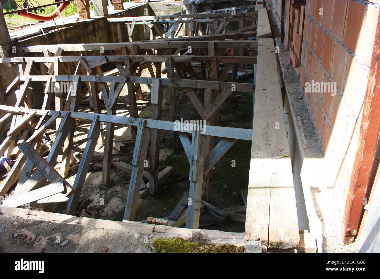 architectural masonry and construction work in a building with wood and ...