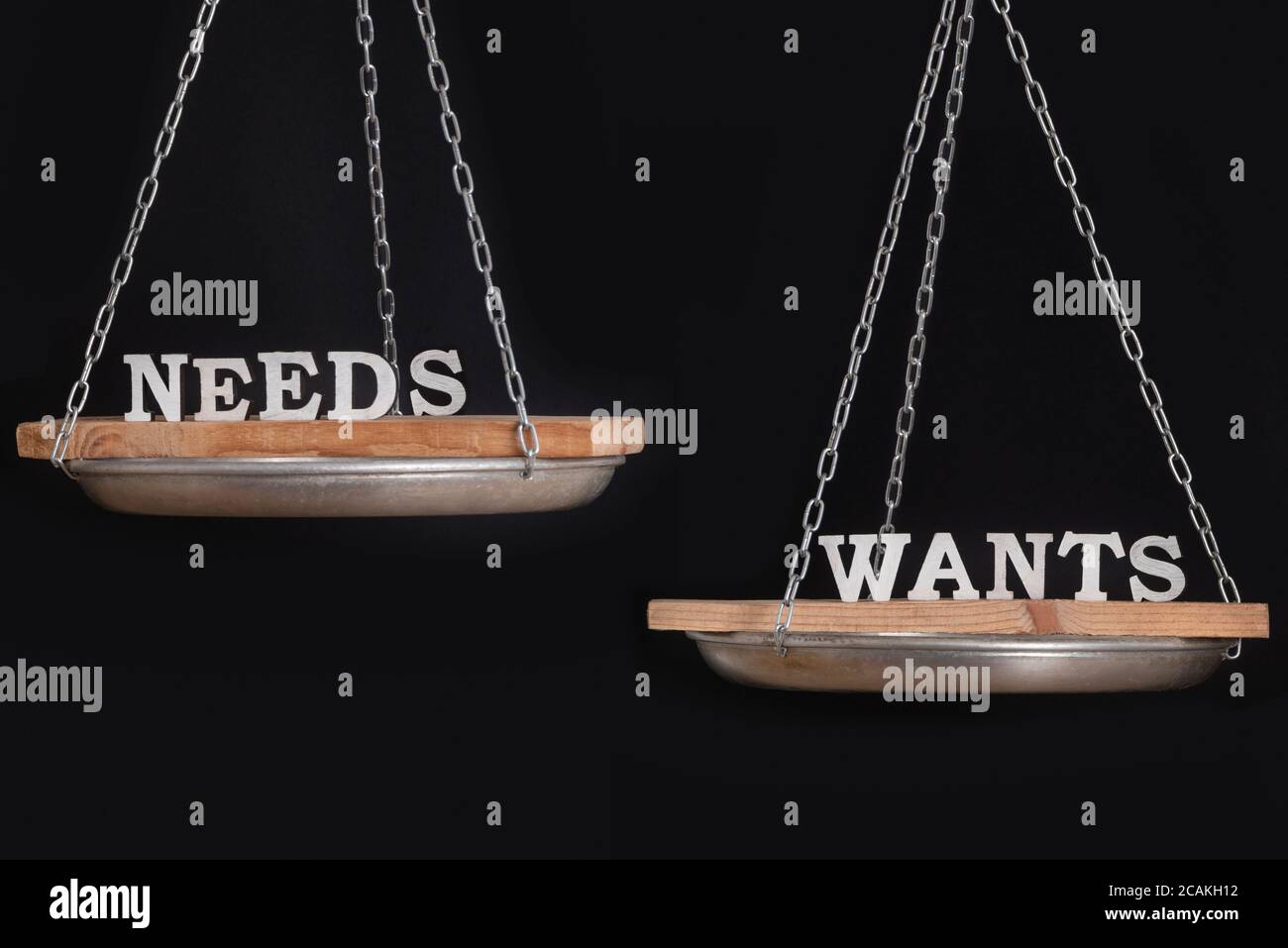 Words wants and needs in balance. Scales on black background close up ...