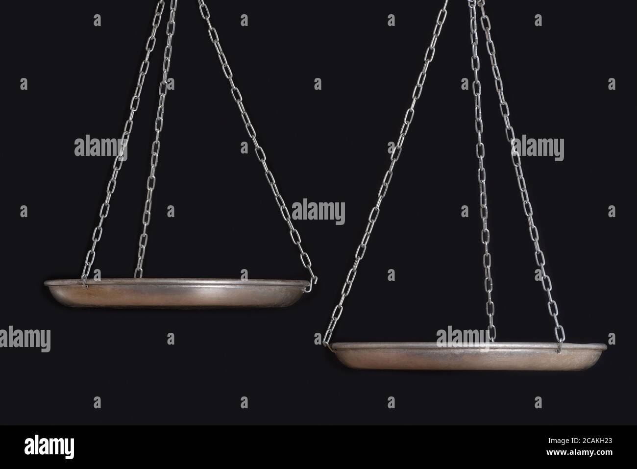 Empty balance scales on black background close up. Front view. Copy ...