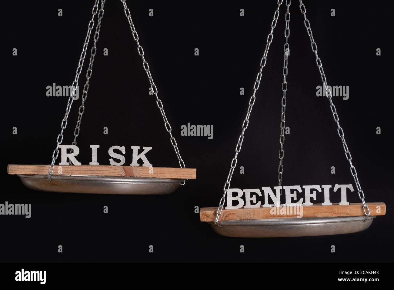 Words Risk and benefit in balance. Concept of equilibrium. Scales on ...