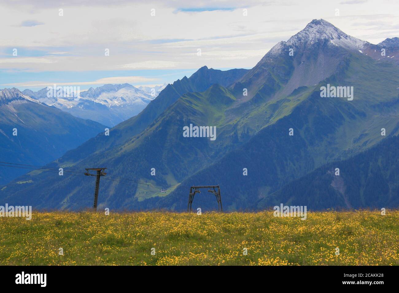 Penken Mountain in Mayrhofen / Austria: Cable car gondola wires in the ...