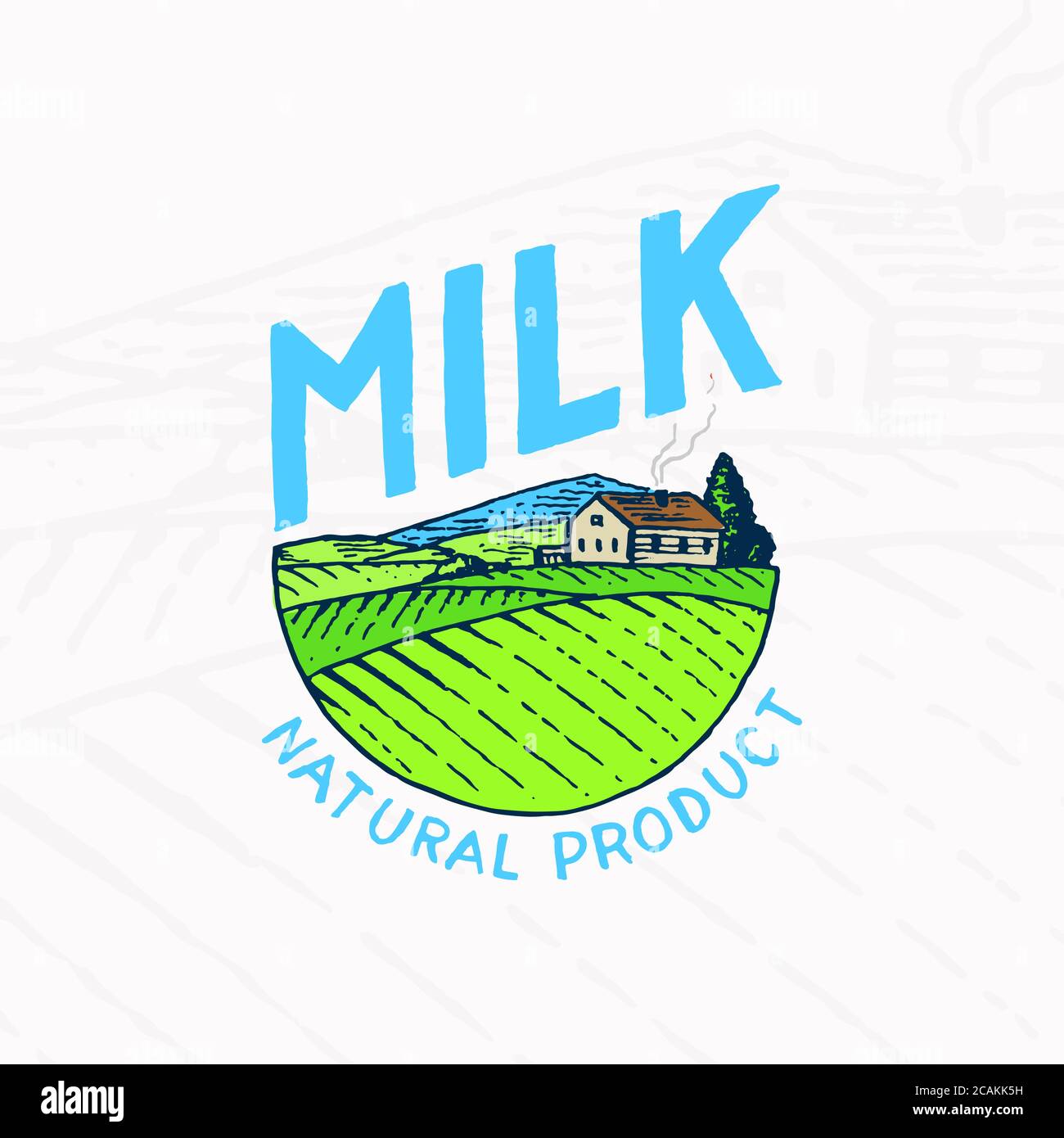 Milk meadow. Farm rural landscape. Vintage logo for shop. Badge for t ...