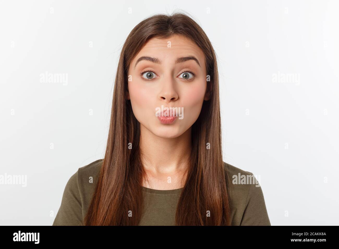 Portrait joyful outgoing woman likes laugh out loud not hiding emotions ...
