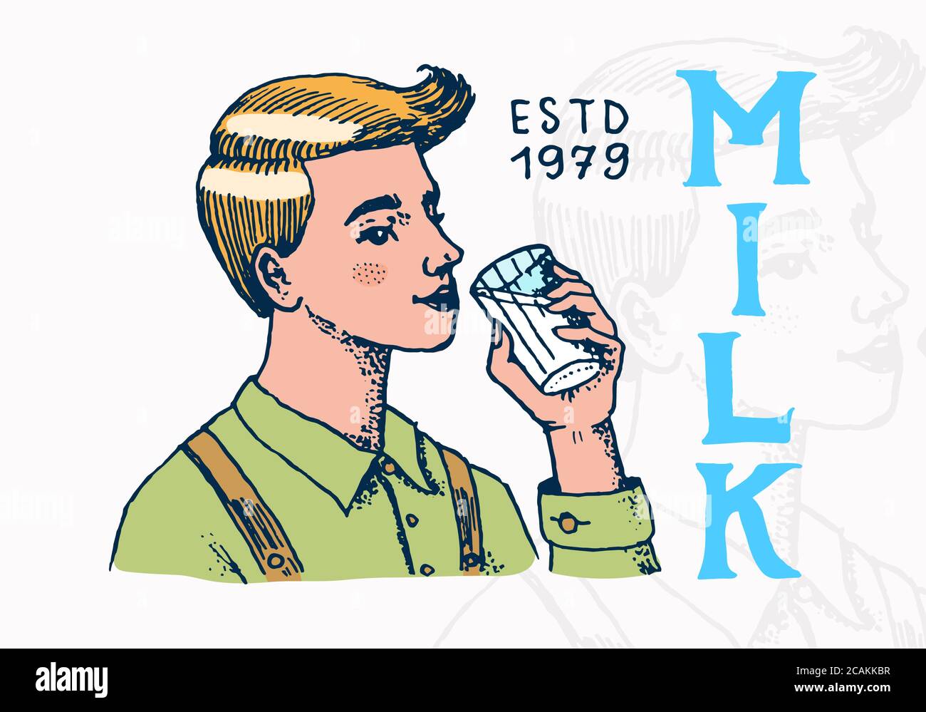 A man drinking a glass of milk. Vintage logo for shop. Badge for t ...