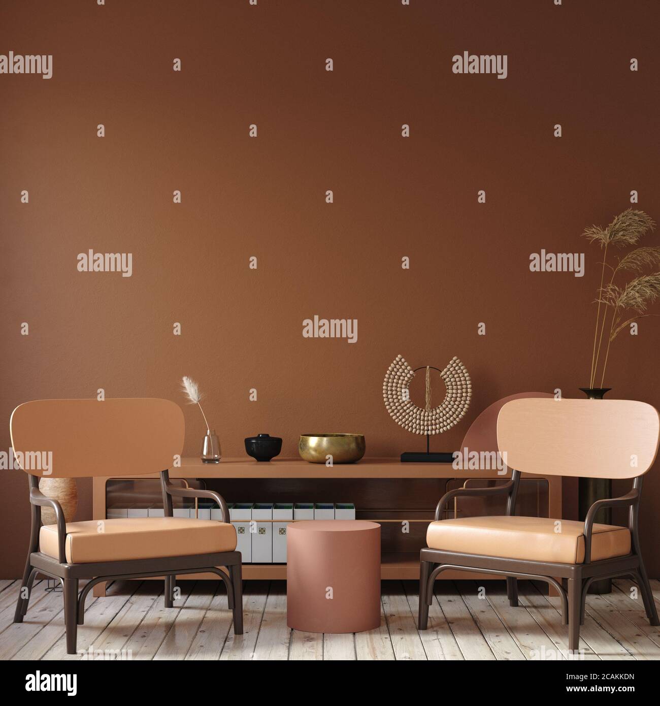 Modern dark interior with commode, chair and decor in terracotta colors ...