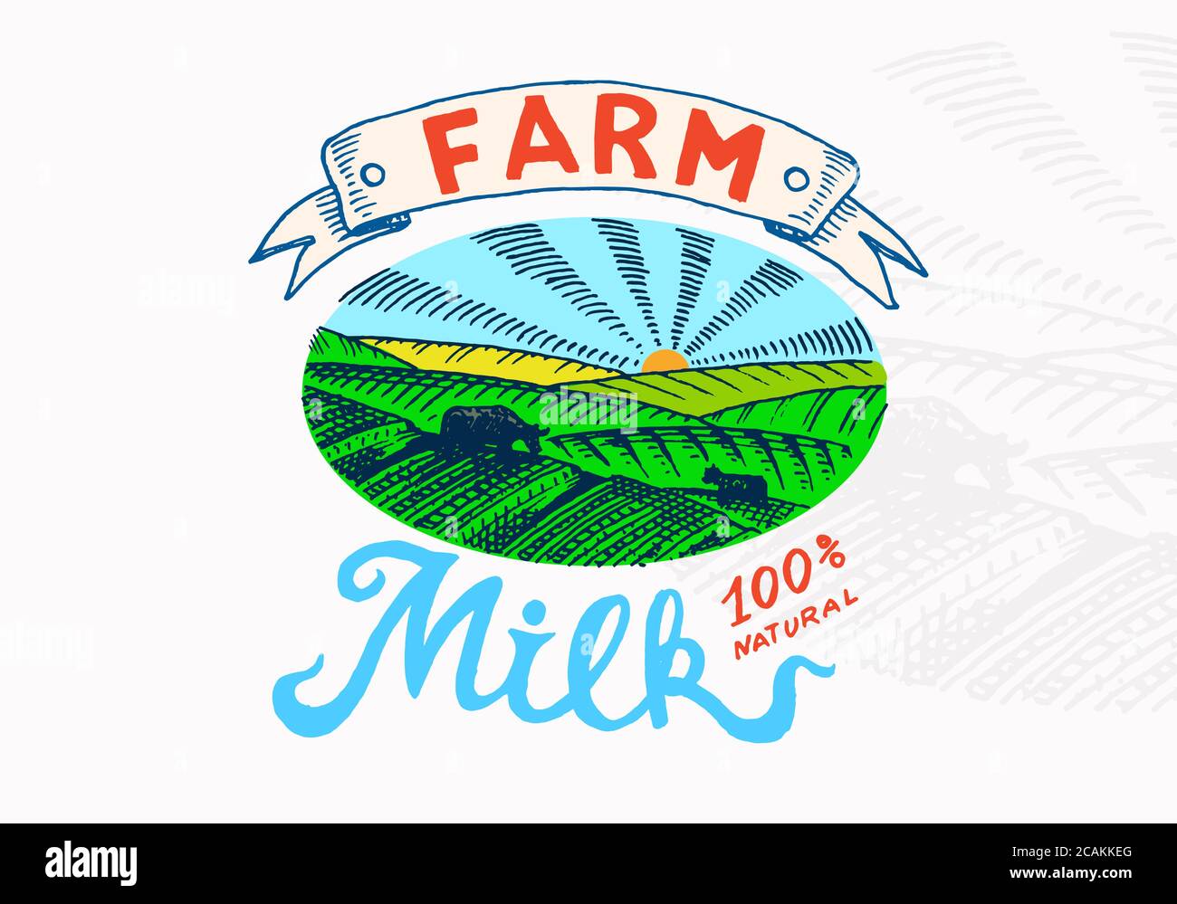 Milk meadow. Farm rural landscape. Vintage logo for shop. Badge for t ...