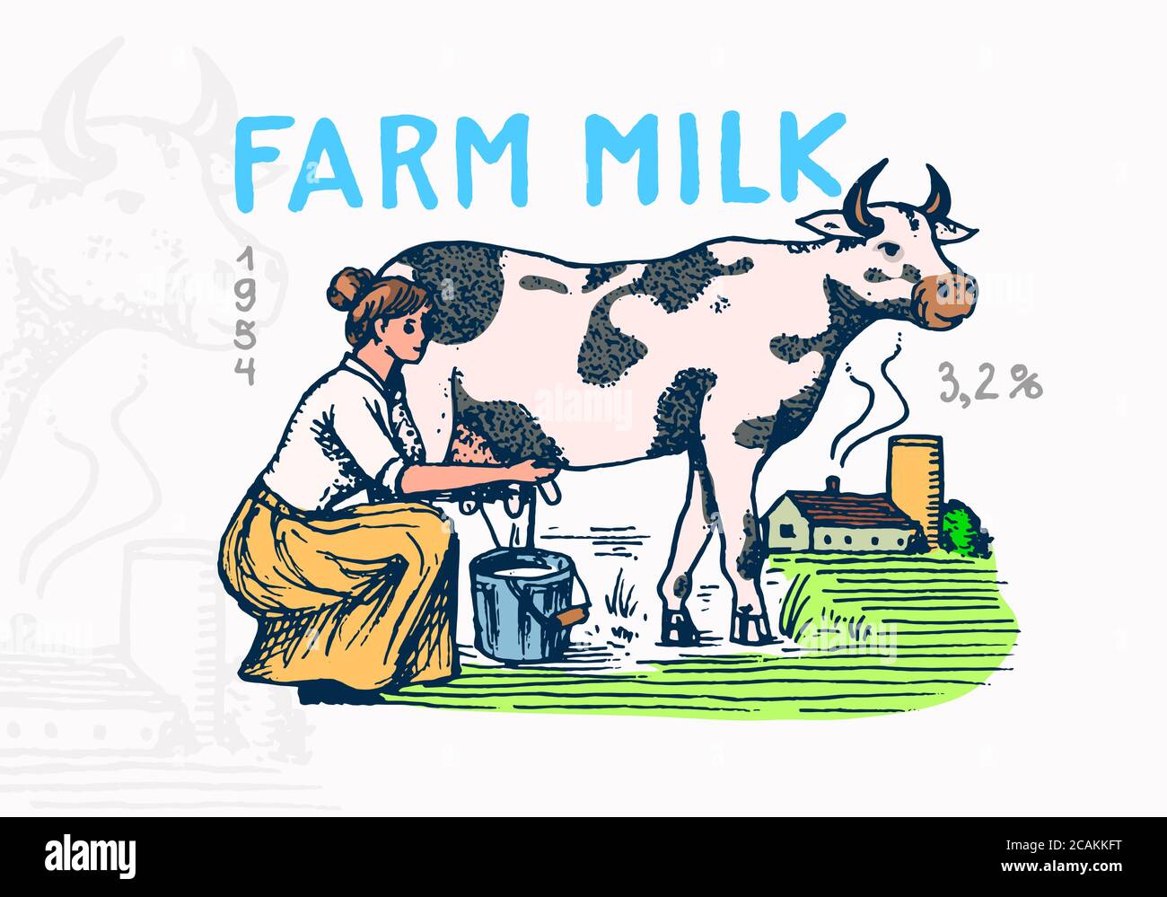 Milk badge. Cow and woman farmer, milkmaid Vintage logo for shop and t ...