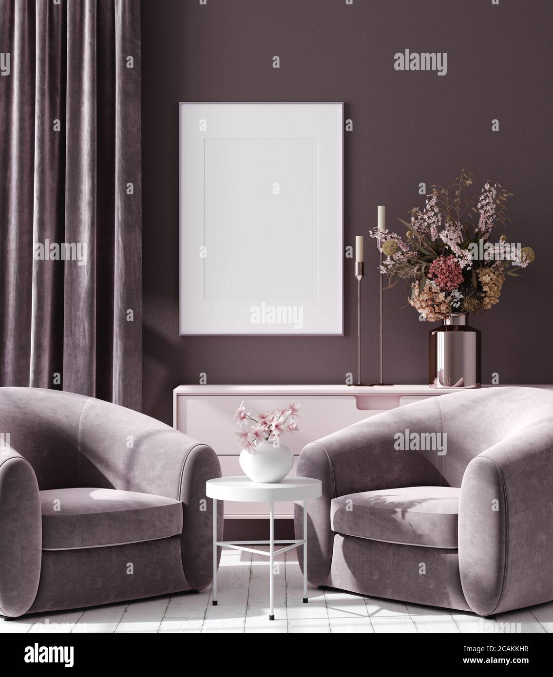 Mockup poster in dark violet monochrome modern living room interior ...