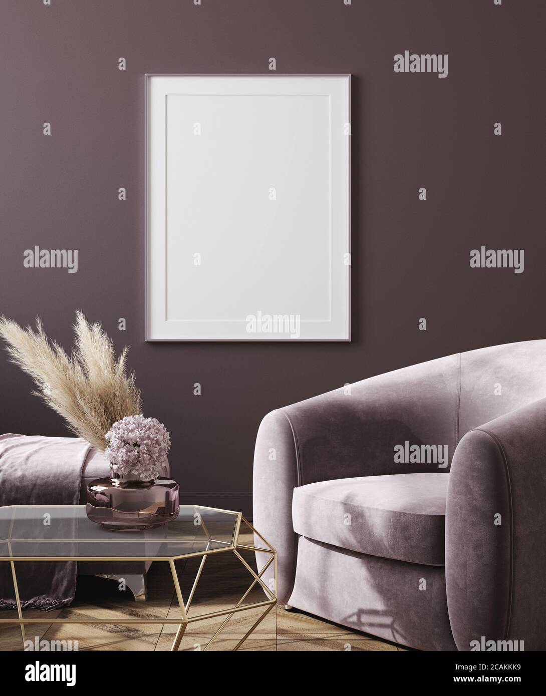 Mockup poster in dark violet monochrome modern living room interior ...