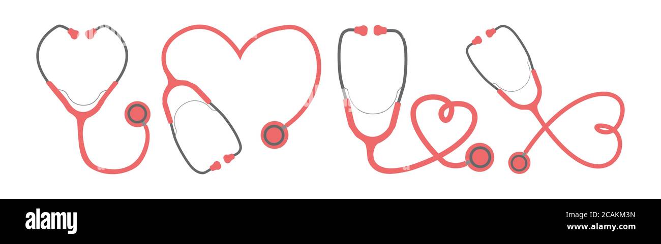 Simple vector collection of red stethoscopes forming heart shapes in ...