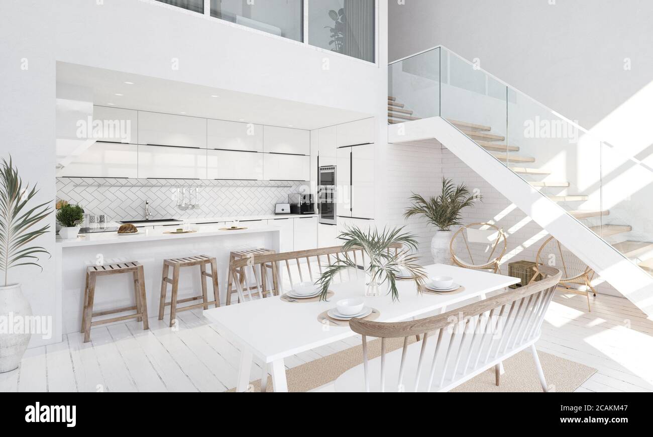 White modern kitchen interior, Scandinavian style, 3d render Stock ...