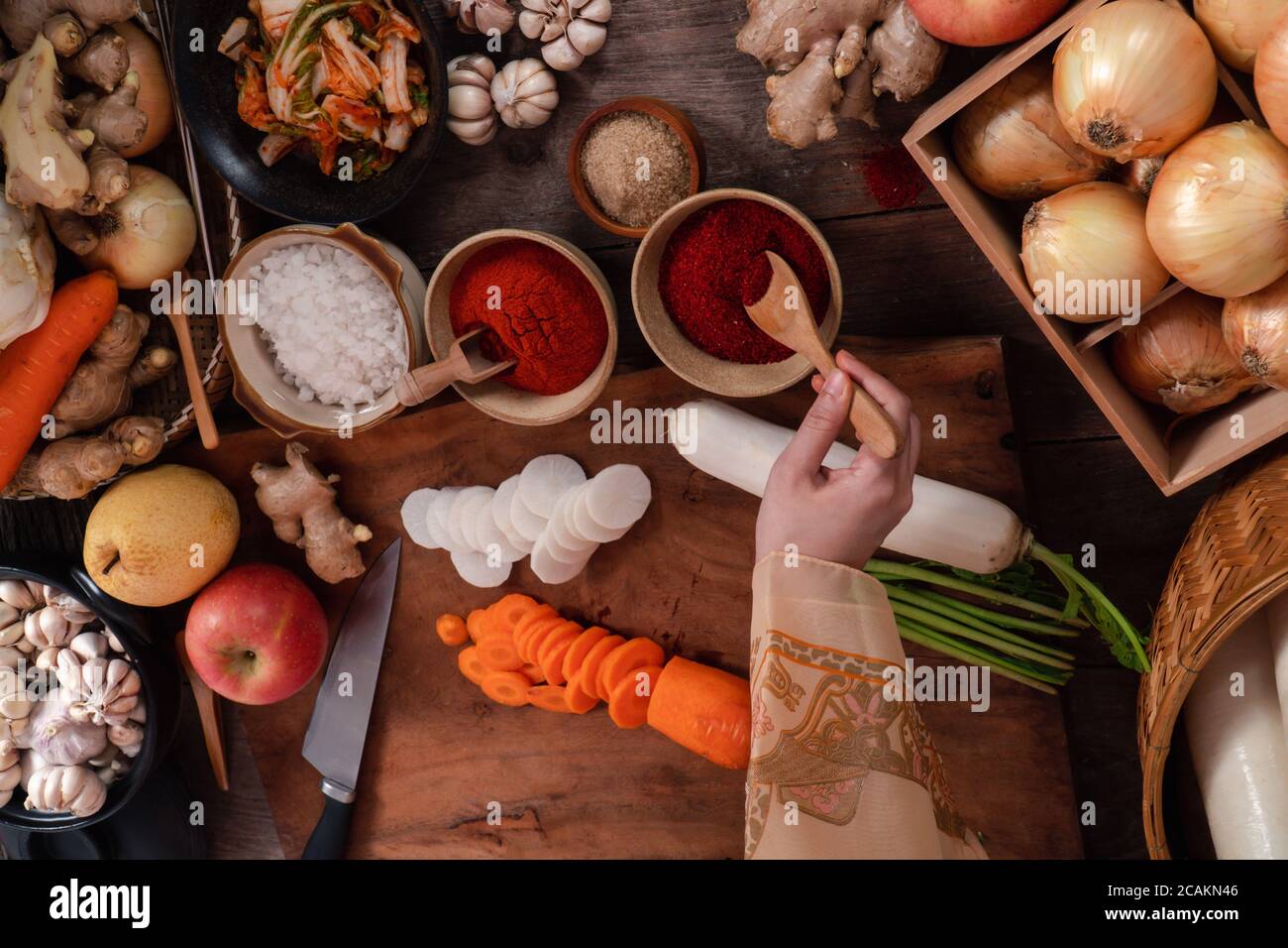 Asian women wearing Korean traditional costumes (hanbok) are mixing ...