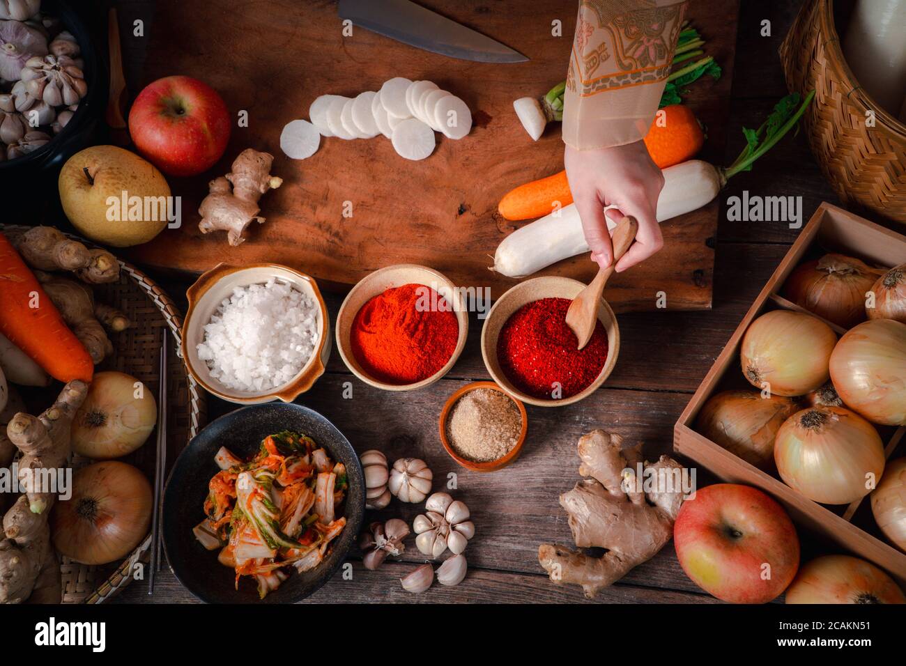Asian women wearing Korean traditional costumes (hanbok) are mixing ...