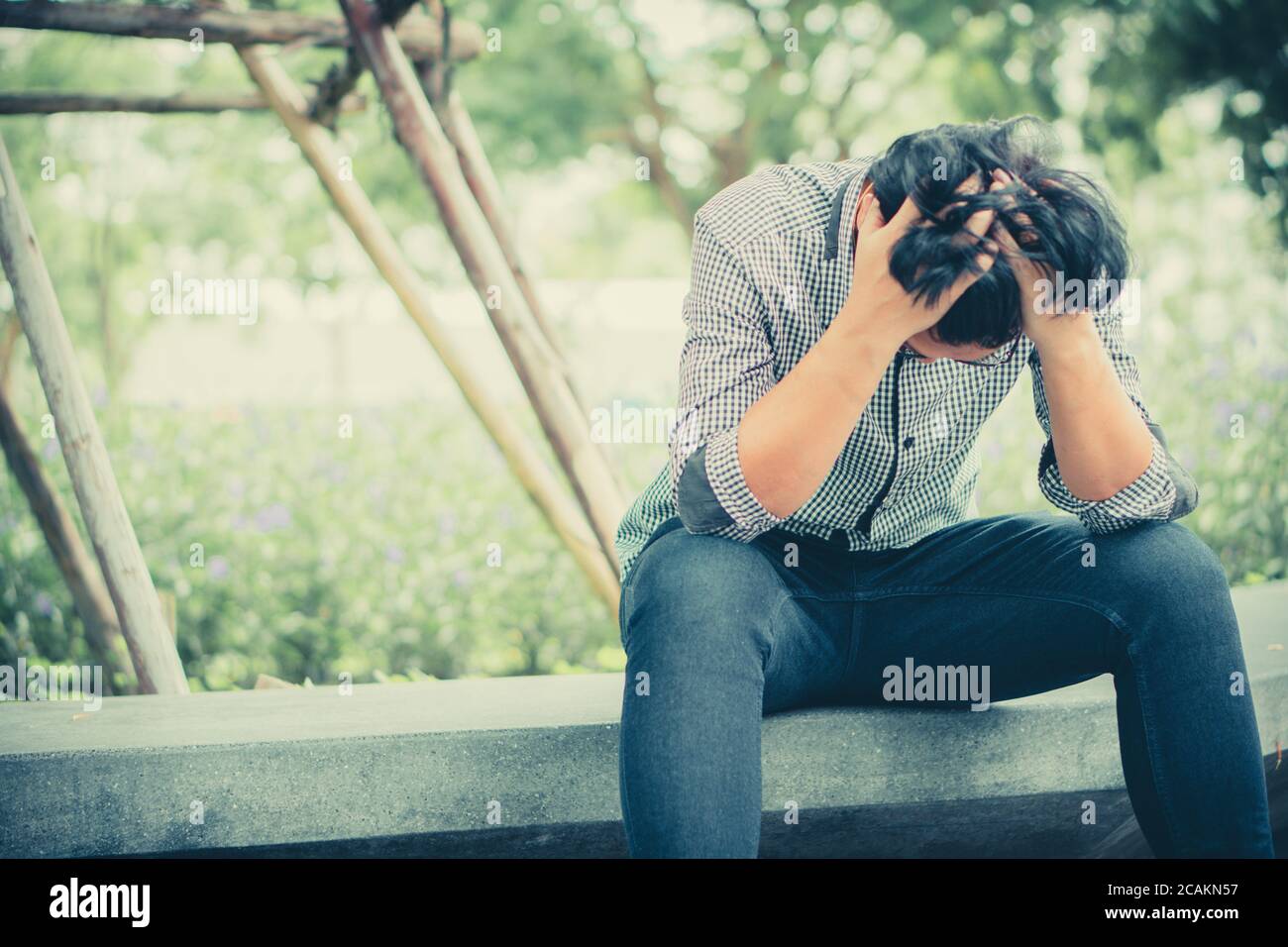 Negative emotion facial expression feelings. Stressed Asian Man in ...