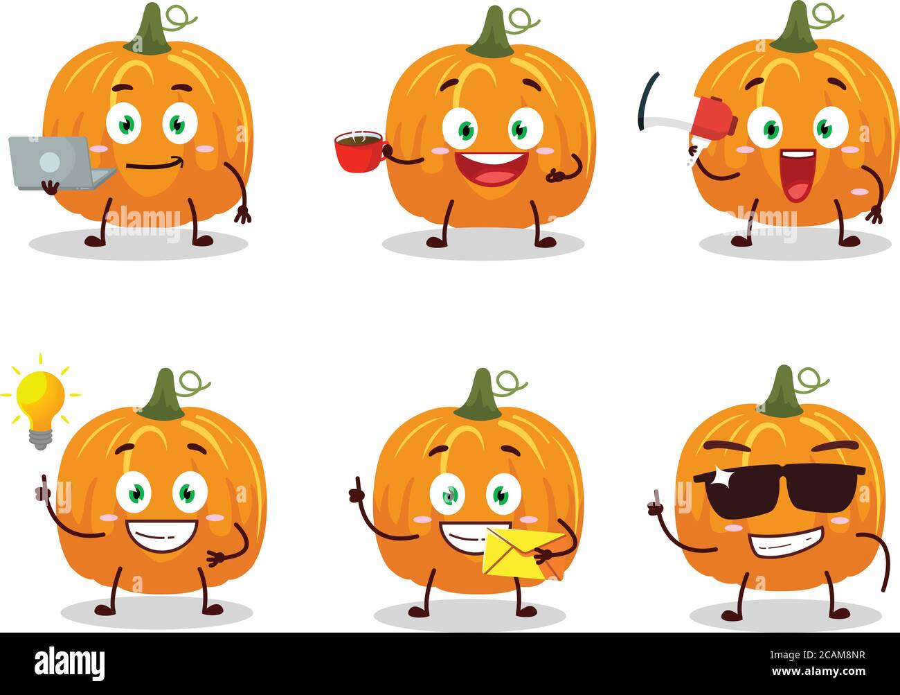 Pumpkin cartoon character with various types of business emoticons ...