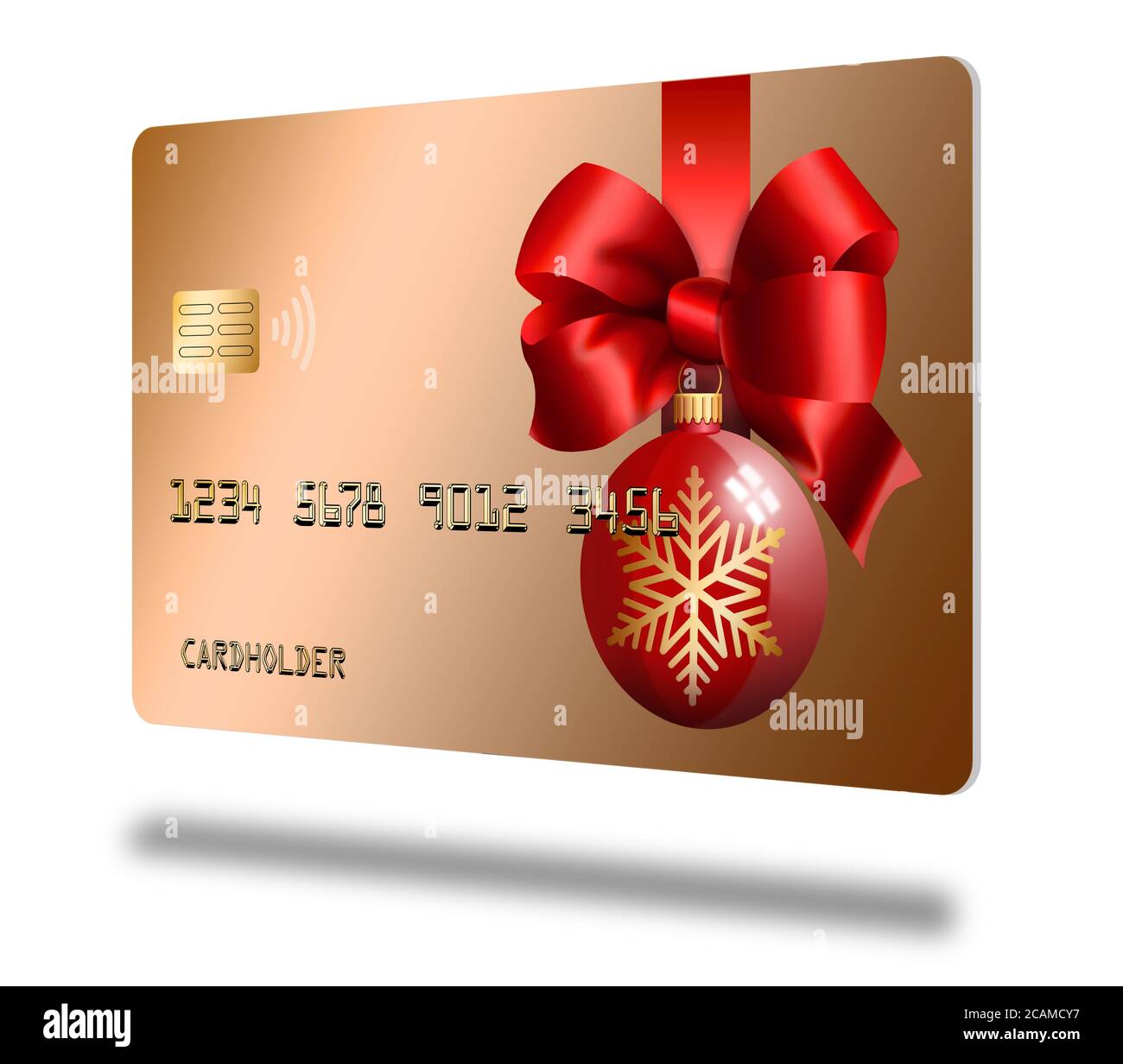 A glass ball Christmas ornament and a red ribbon and bow decorate a ...