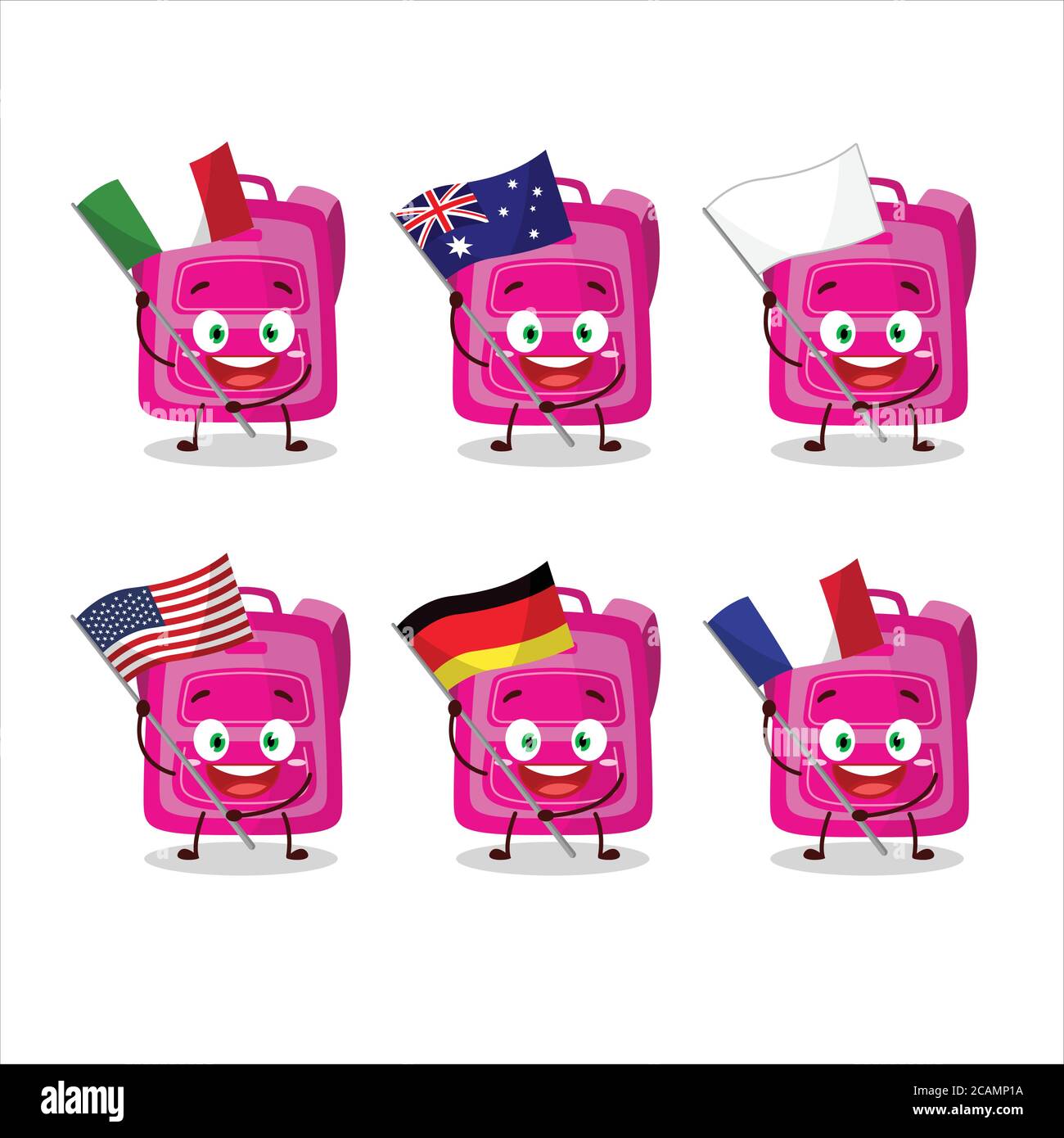 Pink School Bag Cartoon Character Bring The Flags Of Various Countries